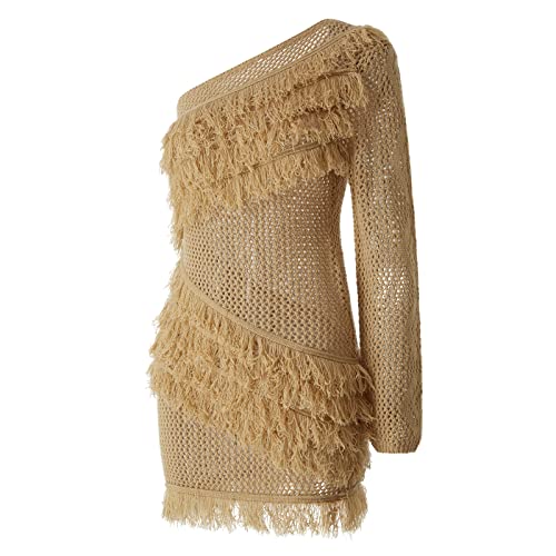 Fladdswed Women Summer Slim Fit Dress Fringe Embellished One Shoulder Long Sleeve Design Tassel Cutout See Through Dress (Camel-One Shoulder, M)