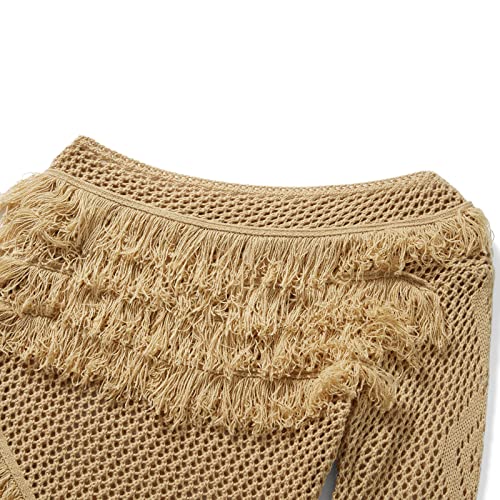 Fladdswed Women Summer Slim Fit Dress Fringe Embellished One Shoulder Long Sleeve Design Tassel Cutout See Through Dress (Camel-One Shoulder, M)