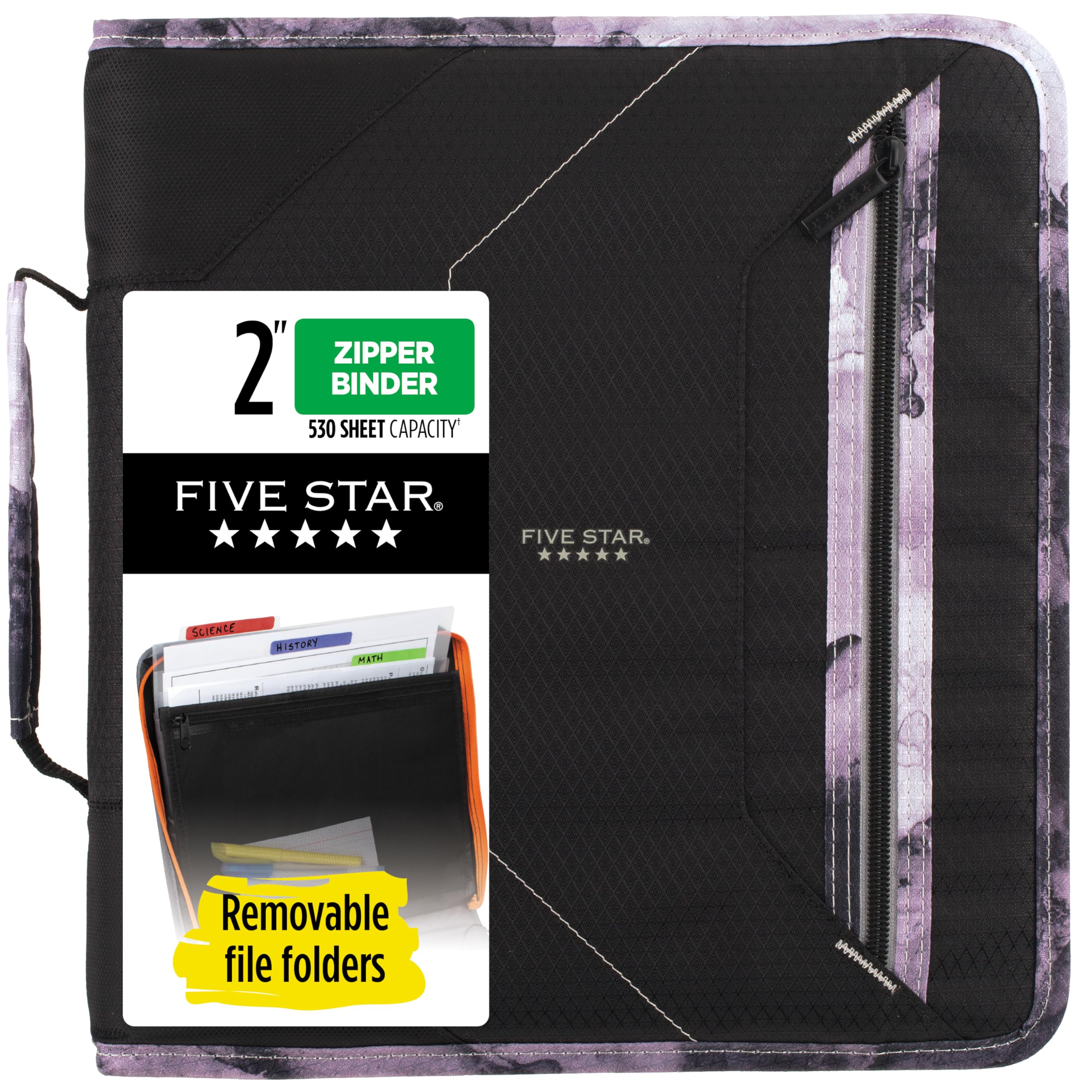 Five Star Zipper Binder, 2 Inch 3-Ring Binder for School, 530 Sheet Capacity, 3 Removable Tabbed File Folders, Black (29036IT8)