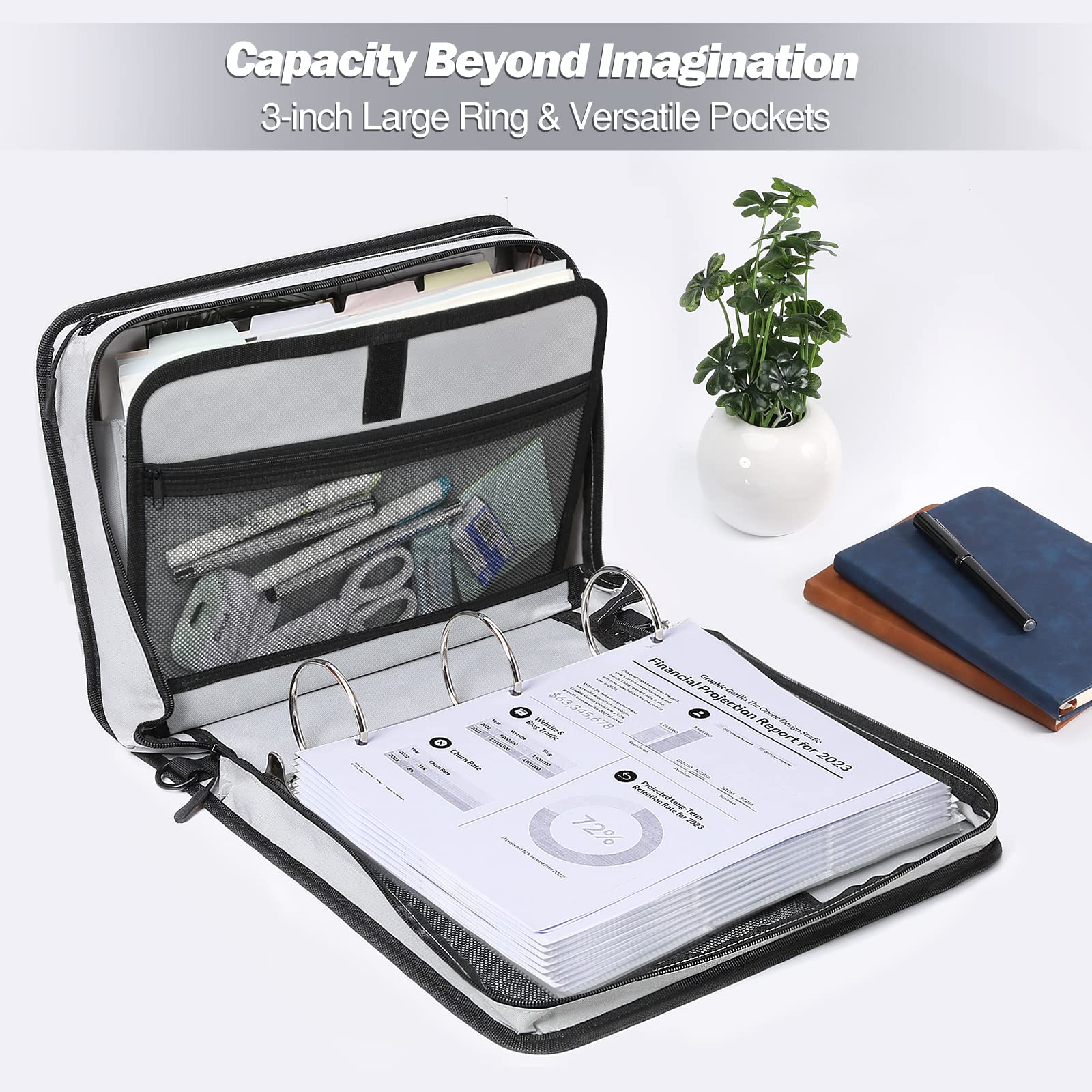 MoKo Zipper Binder, 3 inch 3 Ring Binder with Zipper, 600 Sheet Capacity Multi-Pocket School Binder Organizer, Handle and Shoulder Strap Included, Black & Gray