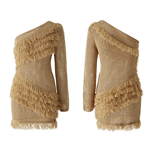 Fladdswed Women Summer Slim Fit Dress Fringe Embellished One Shoulder Long Sleeve Design Tassel Cutout See Through Dress (Camel-One Shoulder, M)