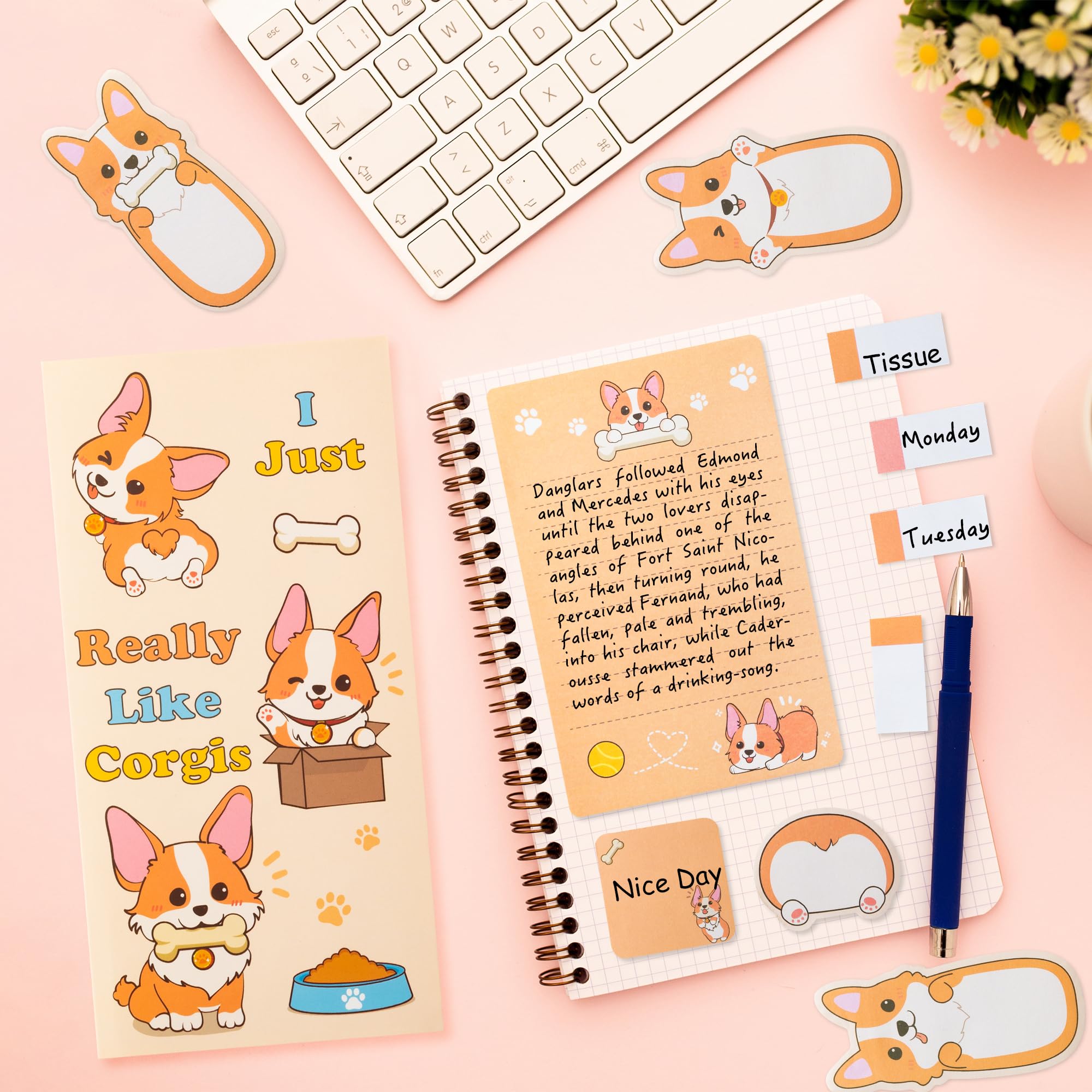 Xqumoi Corgi Sticky Note A5 Notebooks Pen Stationery Set - Corgi Self-Stick Notes Pads 2 Pack Spiral Notebooks Black Gel Ballpoint Pen Back to School Office Supplies Teacher Appreciation Gift with Box