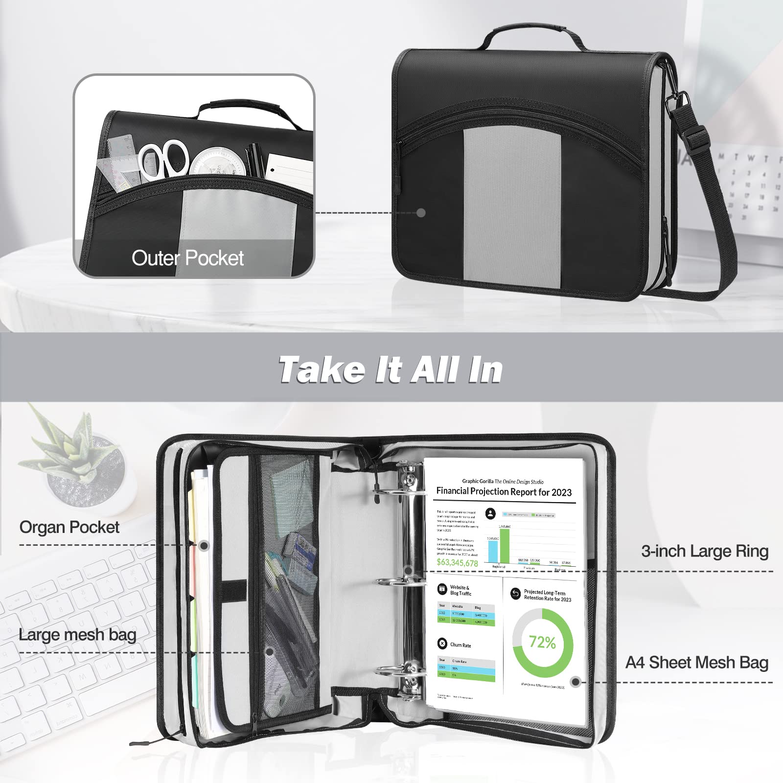 MoKo Zipper Binder, 3 inch 3 Ring Binder with Zipper, 600 Sheet Capacity Multi-Pocket School Binder Organizer, Handle and Shoulder Strap Included, Black & Gray