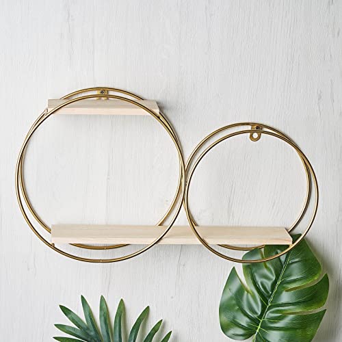 Efavormart 2-Tier Geometric Floating Shelf, Wall Hanging Shelves with Gold Double Hoop Design - 10" H x 18" L for Living Room, Bedroom, Kitchen, Bathroom, Study Room, Garden Sheds, Wall Decoration