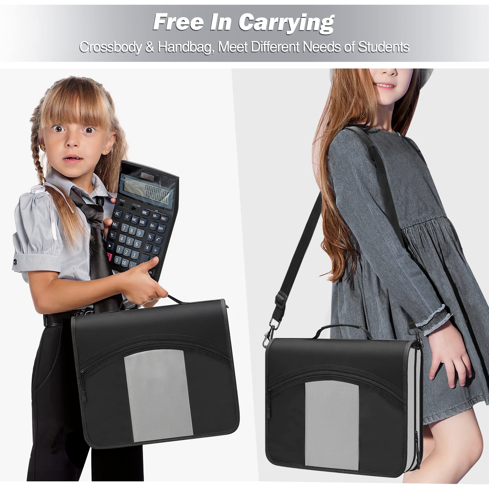 MoKo Zipper Binder, 3 inch 3 Ring Binder with Zipper, 600 Sheet Capacity Multi-Pocket School Binder Organizer, Handle and Shoulder Strap Included, Black & Gray
