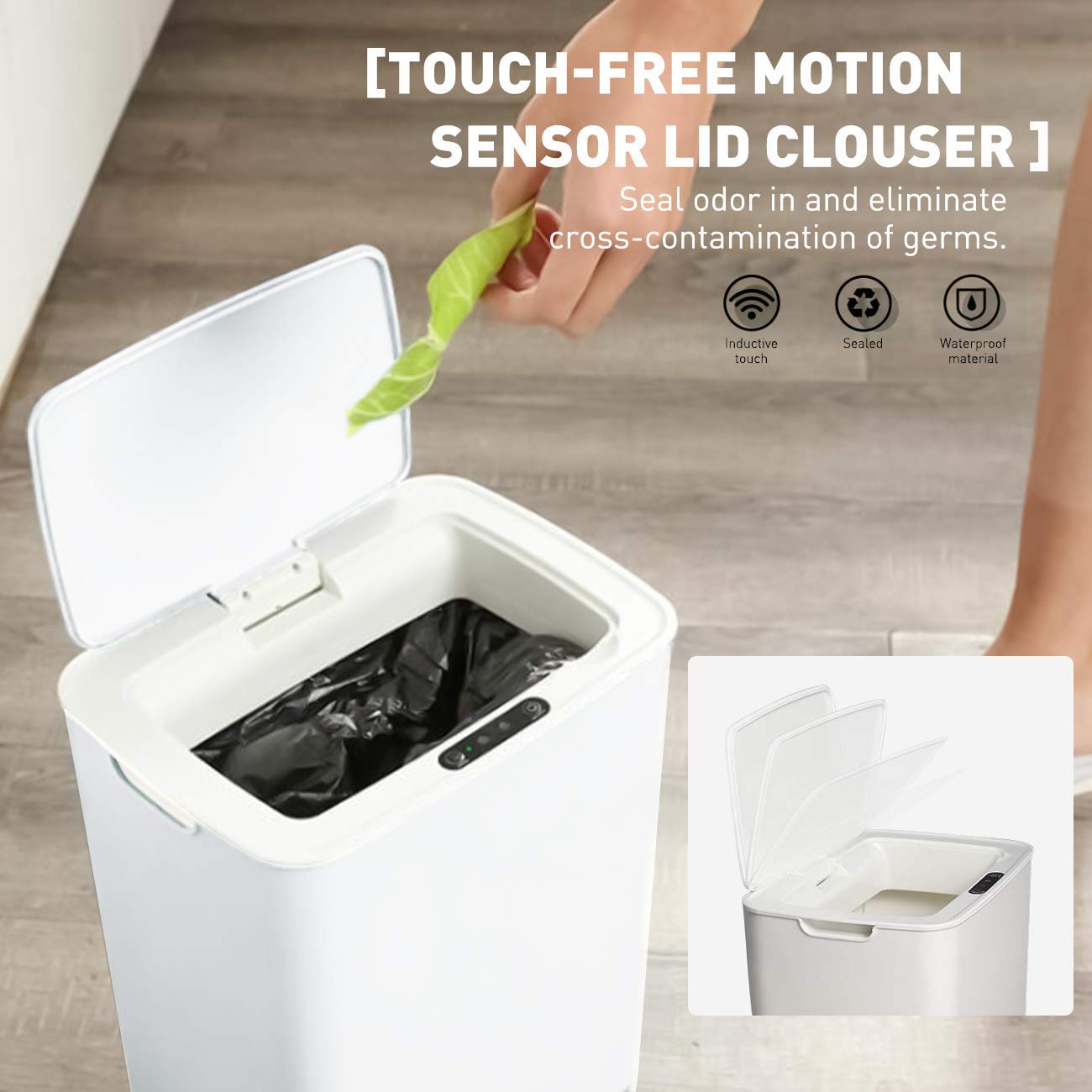 Automatic Infrared Motion Sensor Trash Can, 3.7 Gallon/14 L Non-Contact Plastic Garbage Bin for Bathroom Bedroom Office(White, Small)