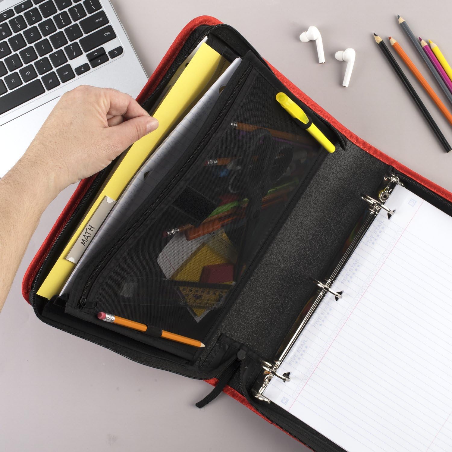 Five Star Zipper Binder, 1-1/2 Inch 3-Ring Binder for School, 3 Pocket Expanding File, 500 Sheet Capacity, Red (72206)