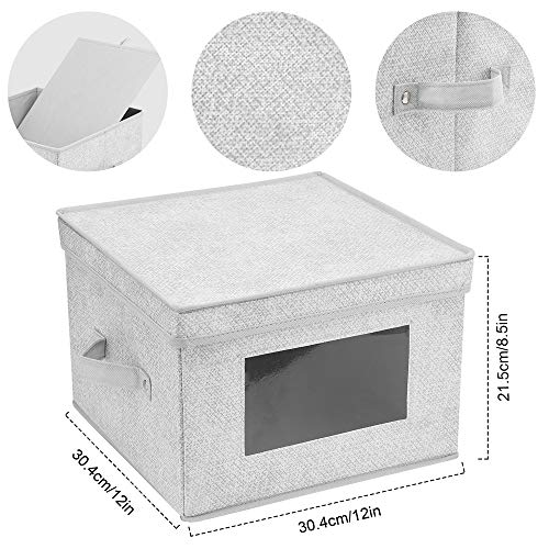 Fabric Storage Bins with Lids 12x12x8.5 In Cubes Storage Boxes with Window Grey White Foldable Storage Cubes Cloth Closet Bins Collapsible Cubes Storage Baskets Drawer Cubicle Inserts Storage for Organizer Closet Shelves ,QY-SC21-3