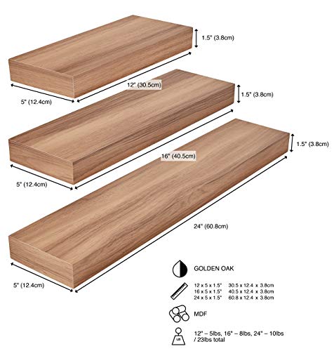 Kiera Grace kieragrace KG Maine Floating Shelves-Golden Oak, 12", 16", 24", Set of 3 Wall Organization