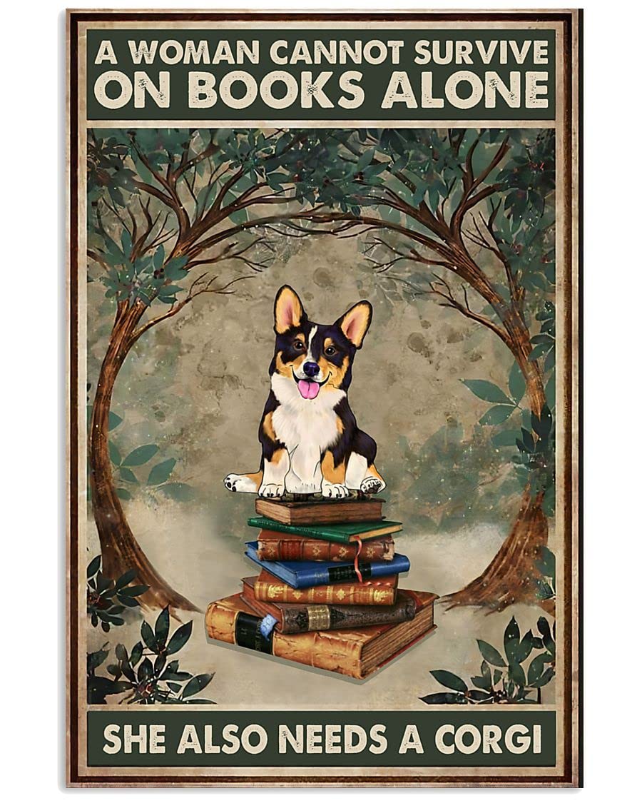 QKIODS Love Tricolor Corgi and Books Retro Metal Tin Signs Vintage Aluminum Sign For Home Room Metal Decor 8x12 Inch