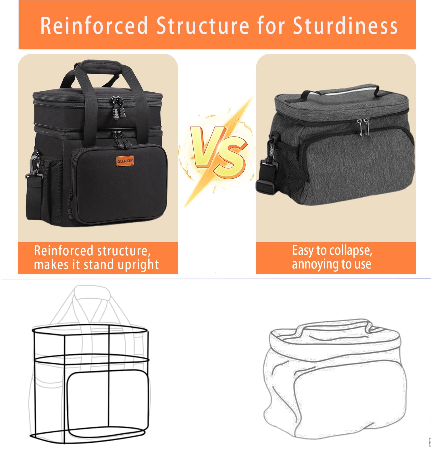 GLENKEY Expandable Large Insulated Lunch Box, Heavy Duty Lunch Cooler Bag Durable Leakproof Lunch Pail for Men Women Adults Work Shift Outdoor Picnic Camping Road Trip, 24 Can, Black