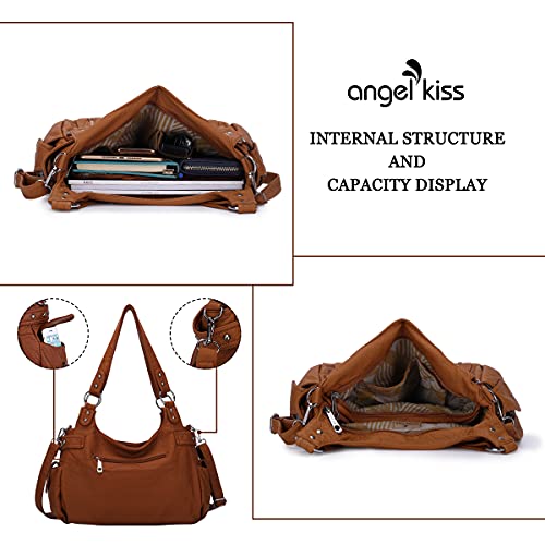 Women Handbags Shoulder Bags Washed Leather Satchel Tote Bag Mutipocket Purse (AK19244-3#8521#194L.BROWN1)