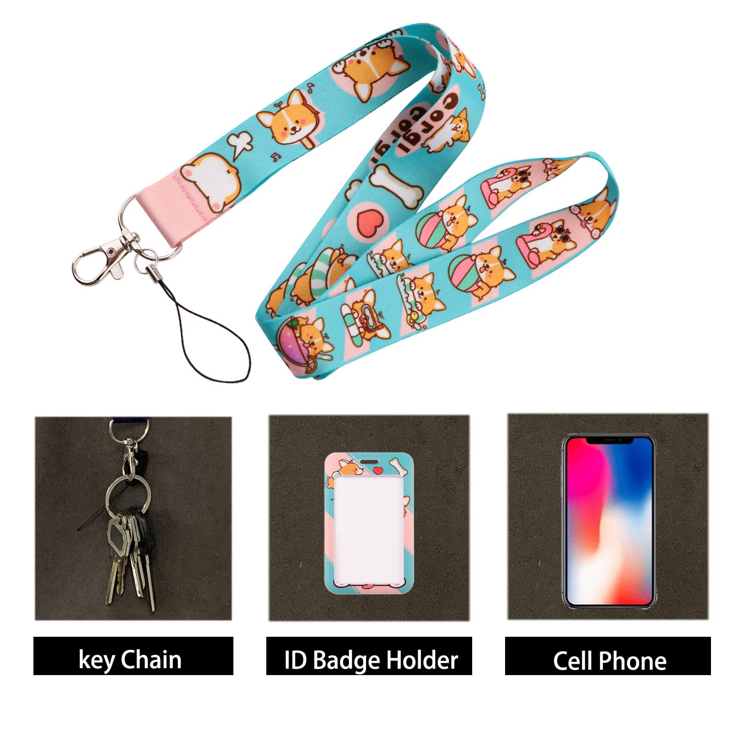 Cute Corgi ID Badge Holder with Lanyard, Kawaii Lanyard for ID Badges Kids Women Keychain with Clip for Keys