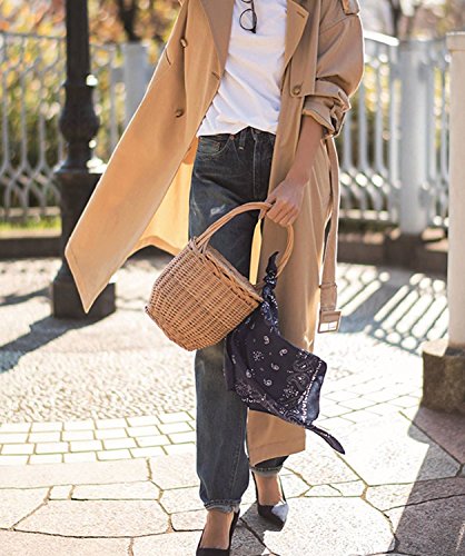 Miuco Womens Wicker Basket Bag Handmade Straw Rattan Bamboo Bag With Lid Handbag Medium
