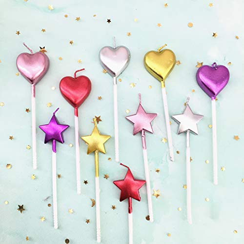 Kacat 10 Cute Heart Shaped and Star Birthday Candles Multi-Color Cake Candle Toppers for Party Wedding Cake Decoration Supplies (Heart Style+Star Style) (Heart +Star 10)