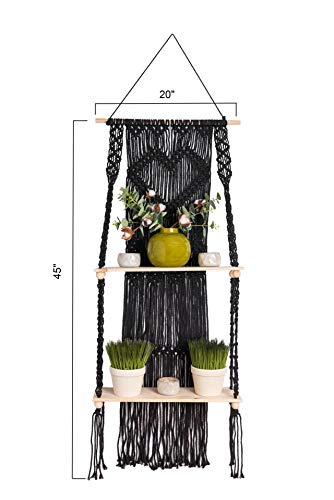 KALTEK Black Macrame Shelf | Boho Style with Two Tier Wood Shelves | Beautiful Handmade Macrame Shelf for Hanging Plants and Decor | Boho Wall Decor with Macrame Rope and Shelf