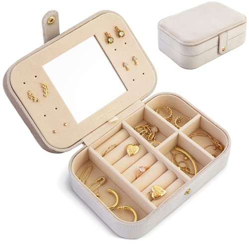 Plush Velvet Travel Jewelry Box Organizer | Travel Jewelry Organizer, Travel Jewelry Case | Small Jewelry Box for Women, Jewelry Travel Case | Earring Organizer Box with Mirror - Ivory