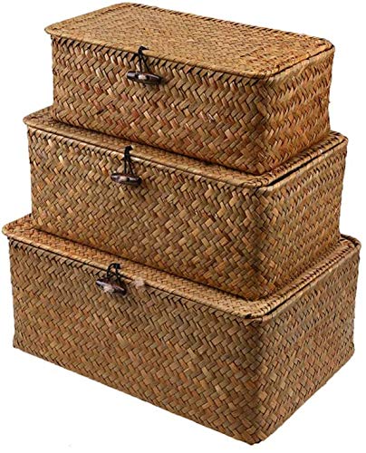 Handwoven Rattan Storage Basket,3pcs seagrass storage baskets Straw Seaweed Basket with Lid for Makeup, Clothes and Home hyacinth baskets Items woven seagrass basket