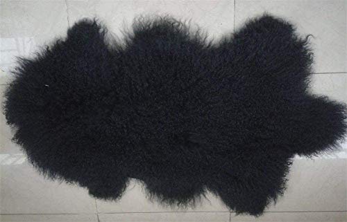 Genuine Tibetan/Mongolian Lambskin Sheepskin Hide Pelt Throw Area Rug Plate Wool Carpet Curly Sheep Fur in Bedroom, Living Room 3.5x2Ft (Black)