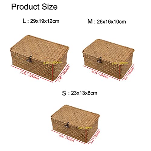 Handwoven Rattan Storage Basket,3pcs seagrass storage baskets Straw Seaweed Basket with Lid for Makeup, Clothes and Home hyacinth baskets Items woven seagrass basket