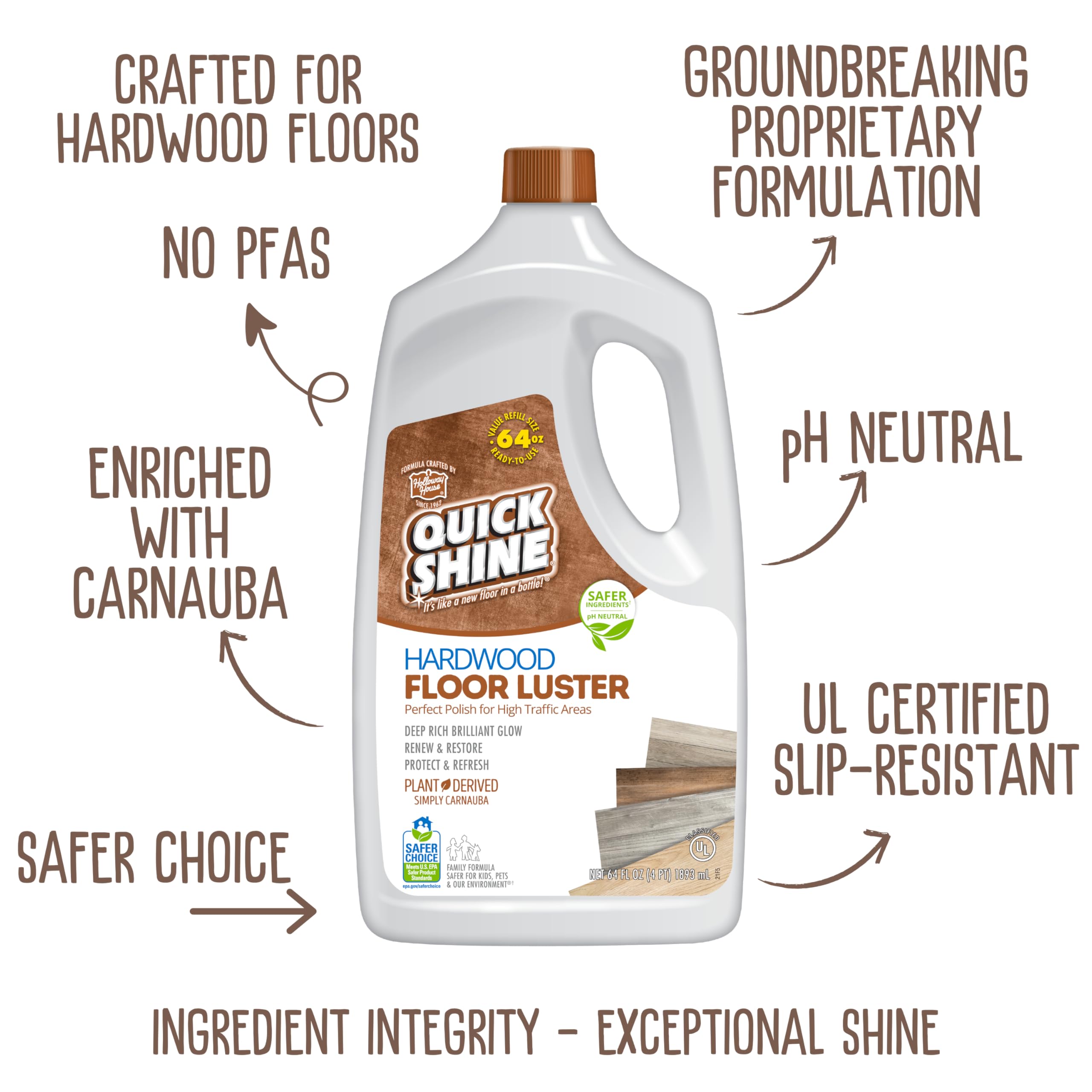 Quick Shine Hardwood Floor Luster 64oz | Plant-Based Cleaner & Polish w Carnauba | Simply Squirt & Spread | Don't Refinish It, Quick Shine It | Safer Choice Cleaner | Restore-Protect-Refresh