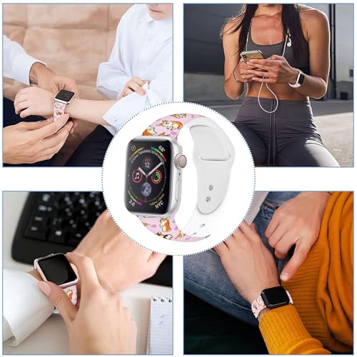 Cute Corgis Watch Bands Compatible with Apple Watch 38mm 40mm, Adjustable Kawaii Corgi Dogs Pattern Wristbands Soft Silicone Replacement Strap for iWatch Series 7 6 5 4 3 2 1 SE