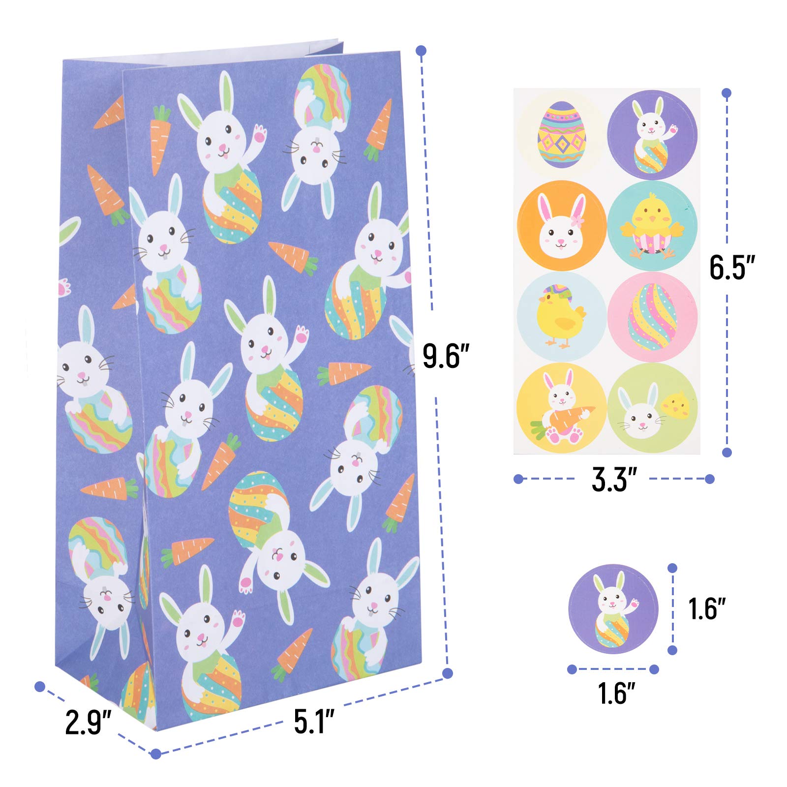 DECORLIFE 24PCS Easter Treat Bags, Easter Goodie Bags for Kids, Paper Bag Bulk for Candy, Gift, Party Favors, Eggs/Chicks/Bunny Printing with 24PCS Stickers Included