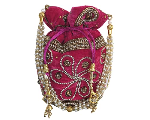 CRAFT BAZAAR Indian Potli Bag, Standing Drawstring Purse, Mini Bucket Bag, Evening Bag with Wristlet and Tassels (Pink)