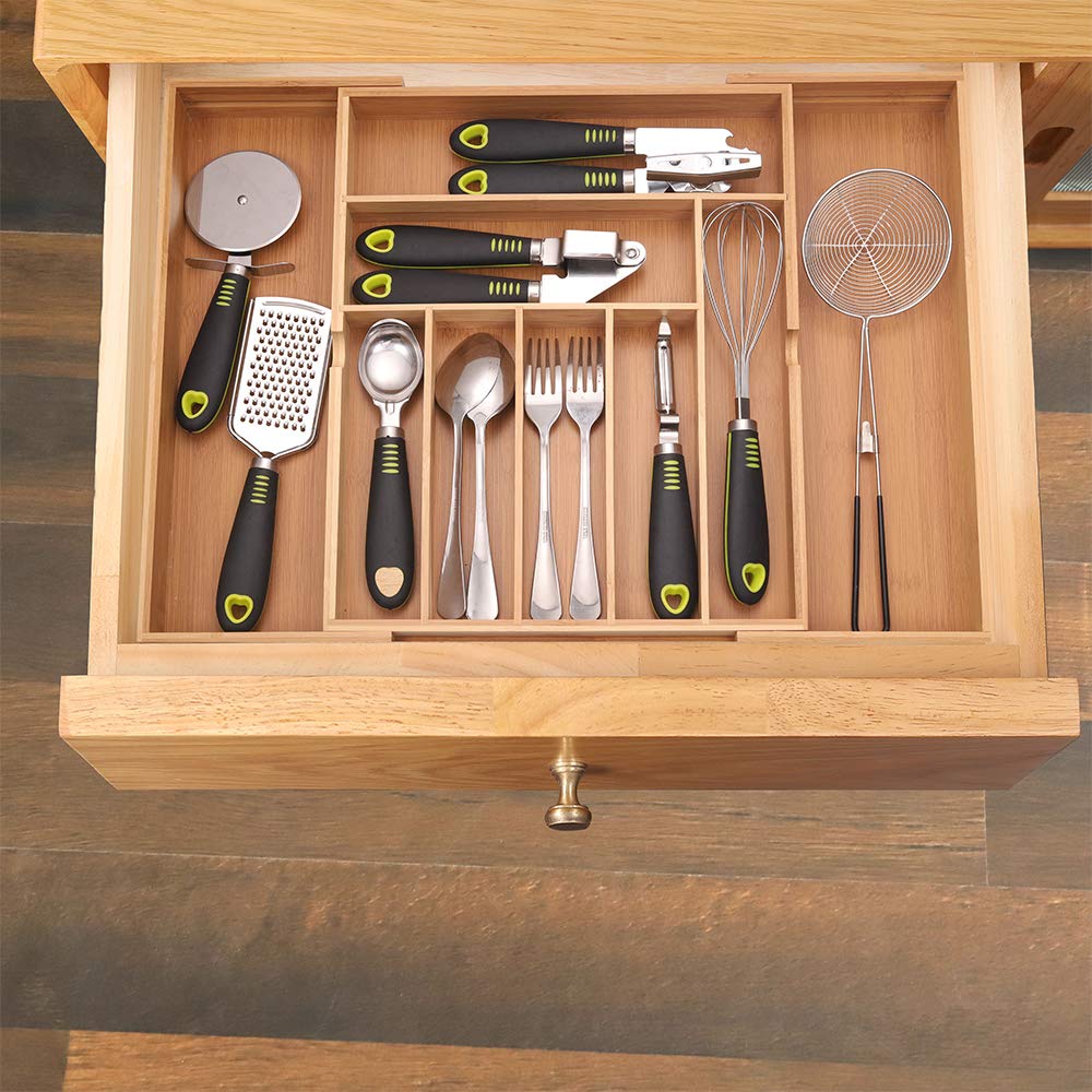 YCOCO Expandable Bamboo Kitchen Drawer Organizer,Utensil Drawer Organizer,Large silverware organizer,Drawer Dividers for flatware,Fit Kitchen Utensil and Cutlery,7-9 Slot