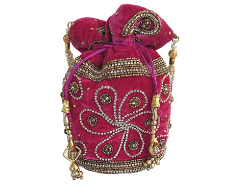 CRAFT BAZAAR Indian Potli Bag, Standing Drawstring Purse, Mini Bucket Bag, Evening Bag with Wristlet and Tassels (Pink)