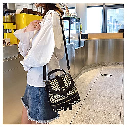 Teanea Rhinestone Studded Leather Flap Backpack Purse Black Crossbody Shoulder Bag for Women Girls, Gold