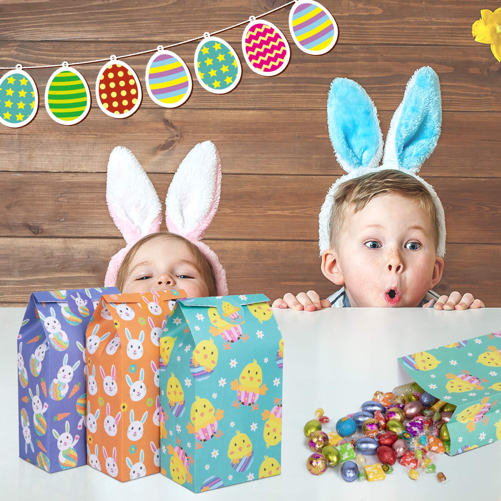 DECORLIFE 24PCS Easter Treat Bags, Easter Goodie Bags for Kids, Paper Bag Bulk for Candy, Gift, Party Favors, Eggs/Chicks/Bunny Printing with 24PCS Stickers Included
