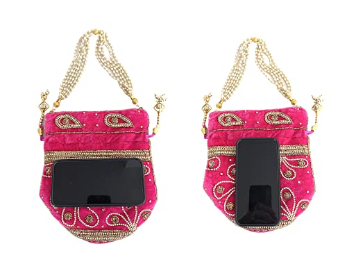 CRAFT BAZAAR Indian Potli Bag, Standing Drawstring Purse, Mini Bucket Bag, Evening Bag with Wristlet and Tassels (Pink)