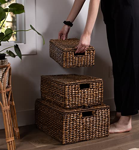 BIRDROCK HOME Seagrass Floor Baskets with Lids - Set of 3 - Brown Wash - Hand Woven Container for Blankets Pillows - Sturdy Metal Frame - Organization - Storage