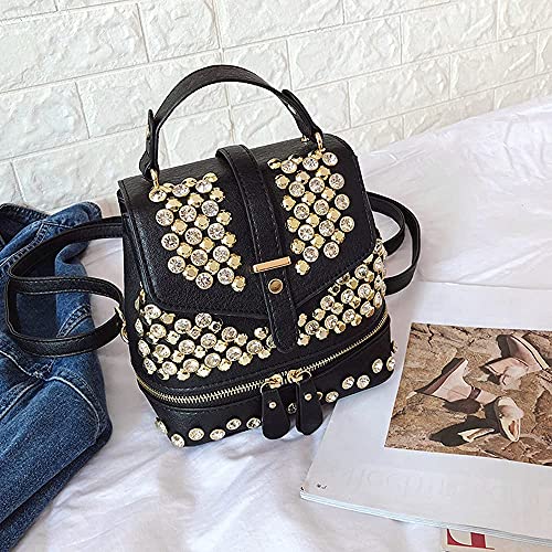 Teanea Rhinestone Studded Leather Flap Backpack Purse Black Crossbody Shoulder Bag for Women Girls, Gold