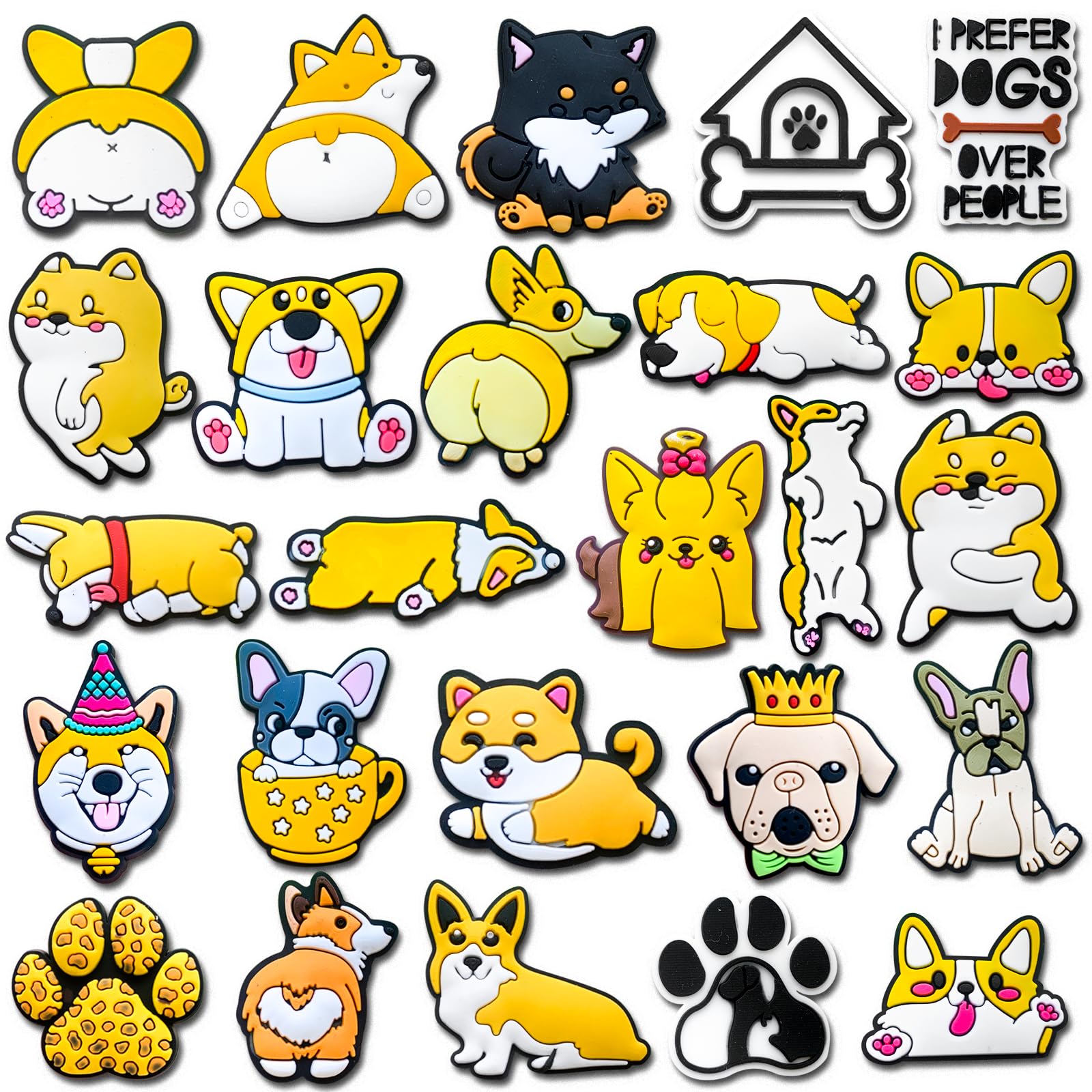 Tashrasia 25Pcs Yellow Dog Shoe Charms for Clogs Sandals Bracelet Wristband Slippers Water Shoes, Cute Puppy Shoe Decoration Charms