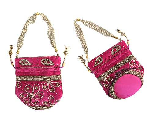 CRAFT BAZAAR Indian Potli Bag, Standing Drawstring Purse, Mini Bucket Bag, Evening Bag with Wristlet and Tassels (Pink)