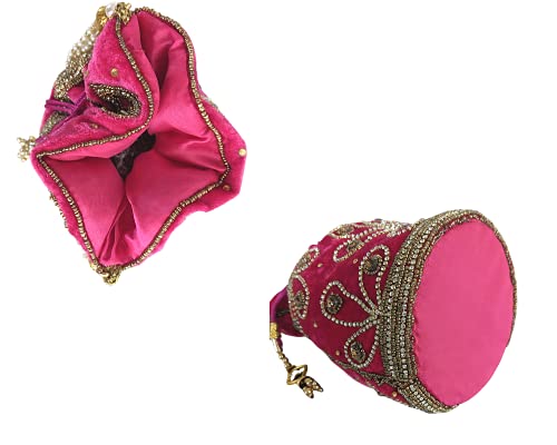 CRAFT BAZAAR Indian Potli Bag, Standing Drawstring Purse, Mini Bucket Bag, Evening Bag with Wristlet and Tassels (Pink)