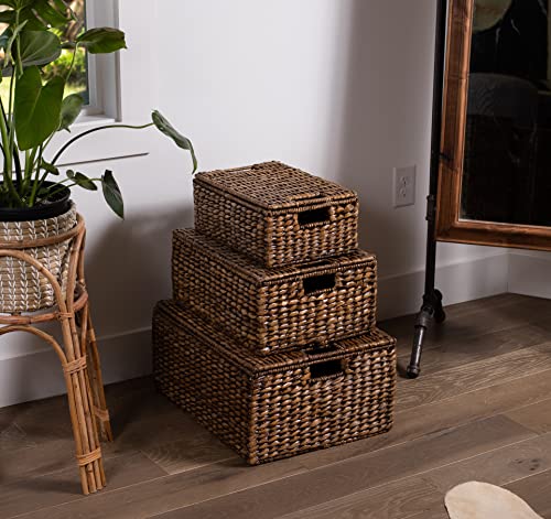 BIRDROCK HOME Seagrass Floor Baskets with Lids - Set of 3 - Brown Wash - Hand Woven Container for Blankets Pillows - Sturdy Metal Frame - Organization - Storage