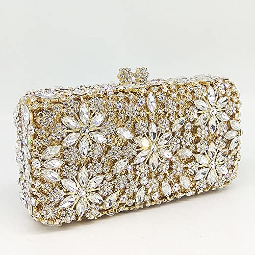 Women Snowflake Evening Bags Wedding Bridal Flower Crystal Clutch Purse Party Box Rhinestone Handbag (Mini,Gold&Silver)