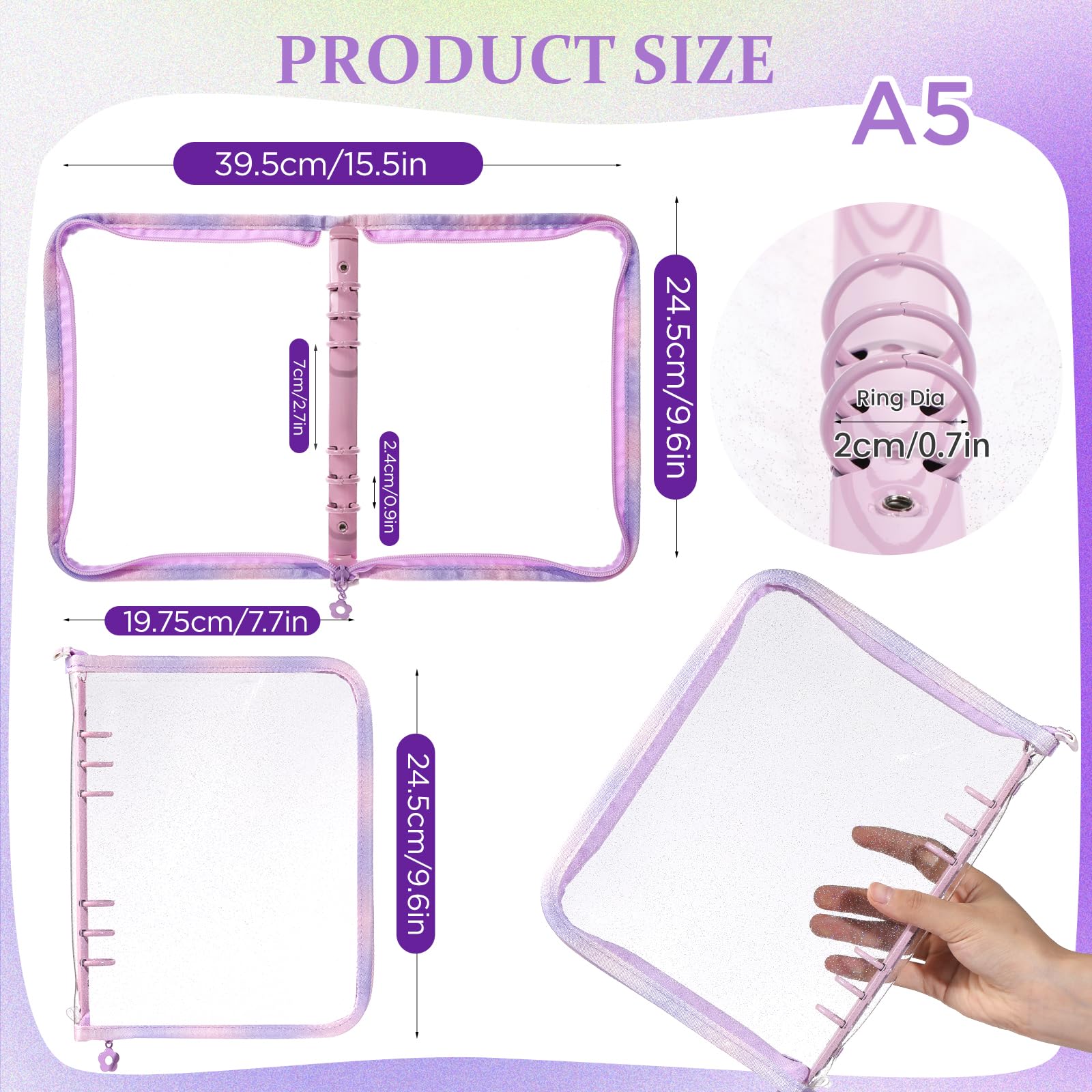 NEWEST A5 6 Ring PVC Planner Budget Binder Cover with Zipper, Blue Gradient Loose Leaf Zip Up Binder Cover, Flashing Clear Notebook Cover Protector for Journal Planner Photo Album Diary Folder