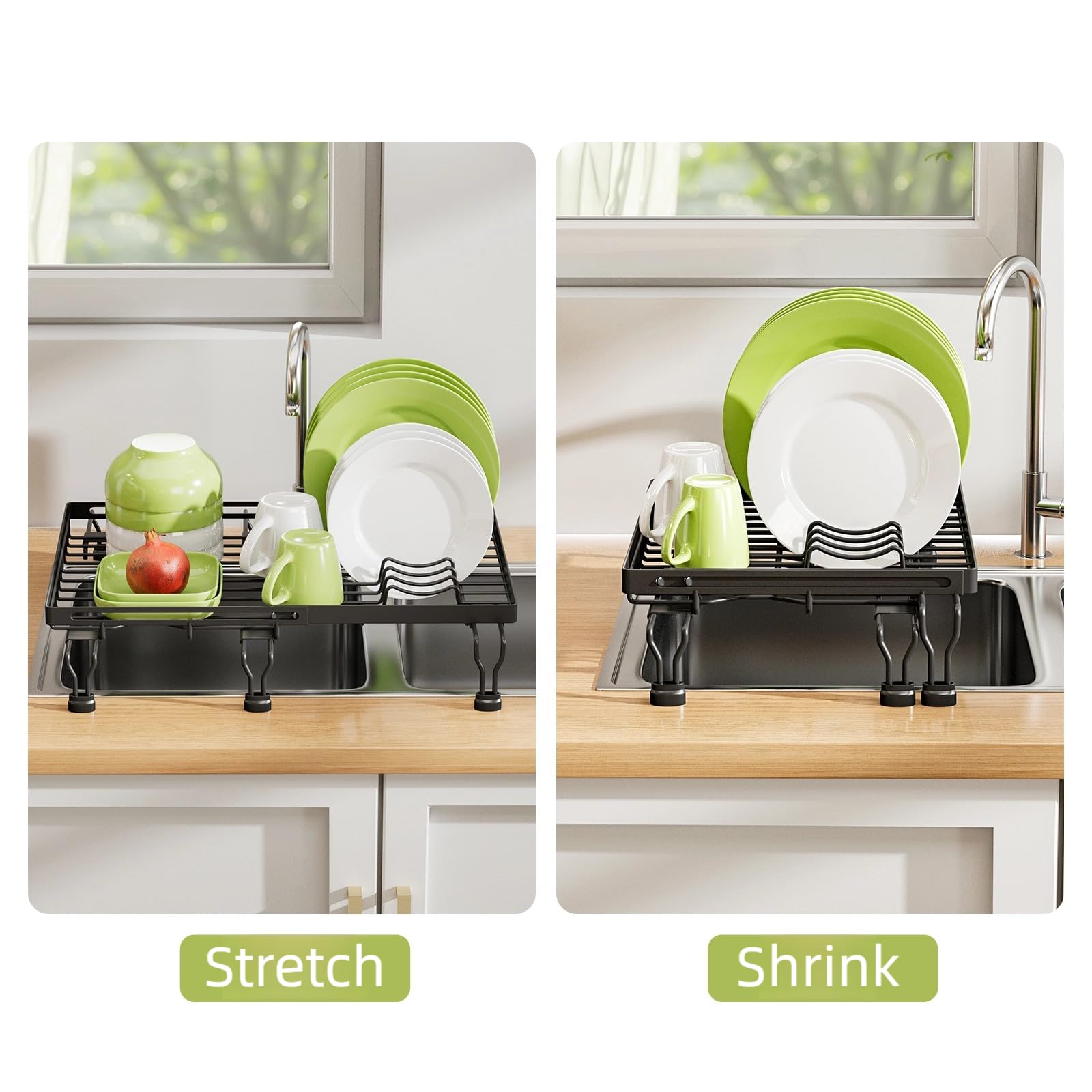 Extra Large Black Expandable Roll Up Dish Drying Rack,Over The Sink Kitchen Rolling up Dish Drainer in Sink, for Kitchen Sink Counter,Foldable Sink Cover with Removable Utensil Holder(13.6"-25.1")