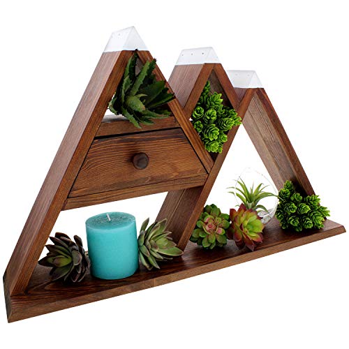 Rustic Curiosities Large Mountain Shelf - 20X12X4.5 Inch Crystal Shelf for Succulents, Plants, Essential Oils, Includes Pull Out Drawer, Extra Wide Base Crystal Holder (Brown)