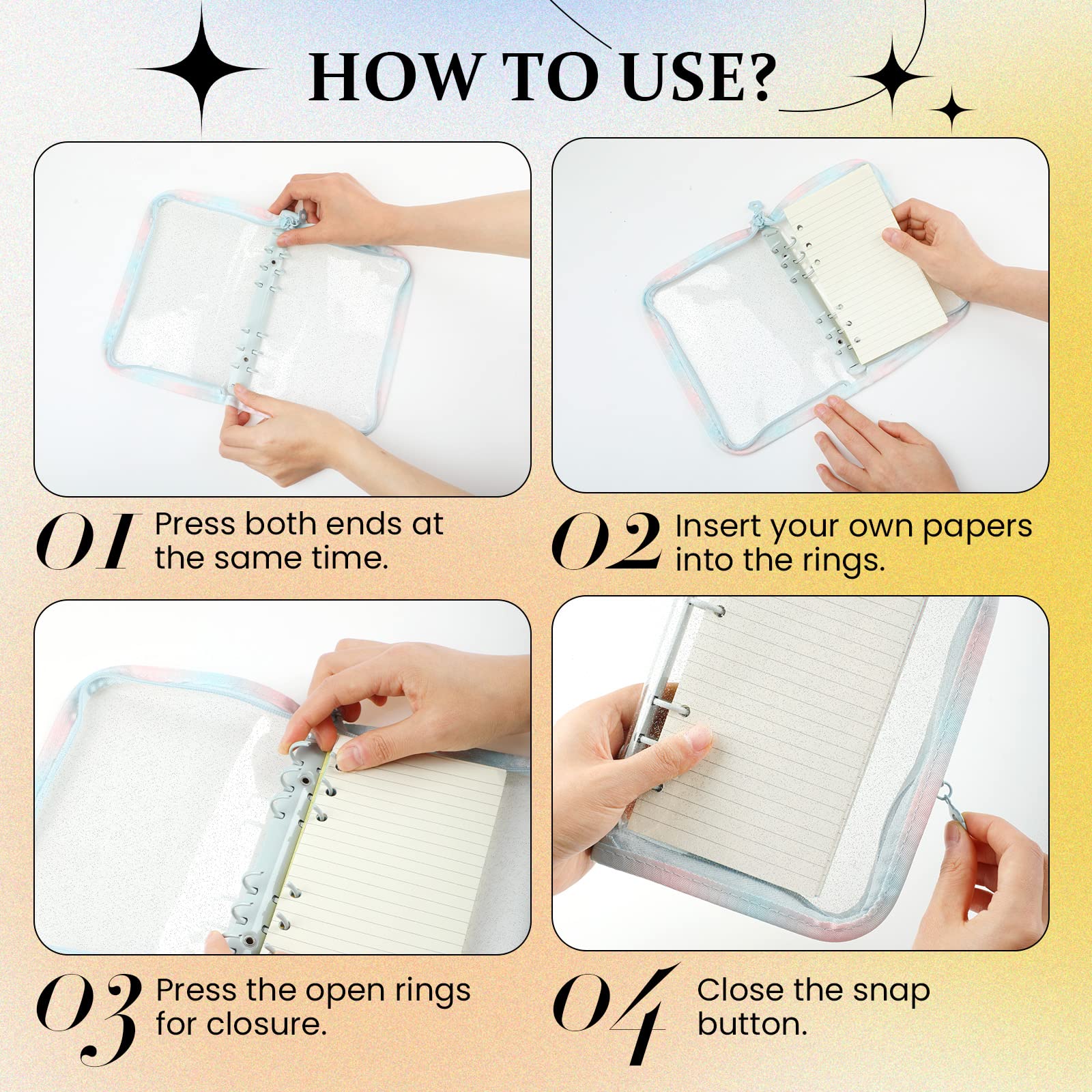 NEWEST A5 6 Ring PVC Planner Budget Binder Cover with Zipper, Blue Gradient Loose Leaf Zip Up Binder Cover, Flashing Clear Notebook Cover Protector for Journal Planner Photo Album Diary Folder