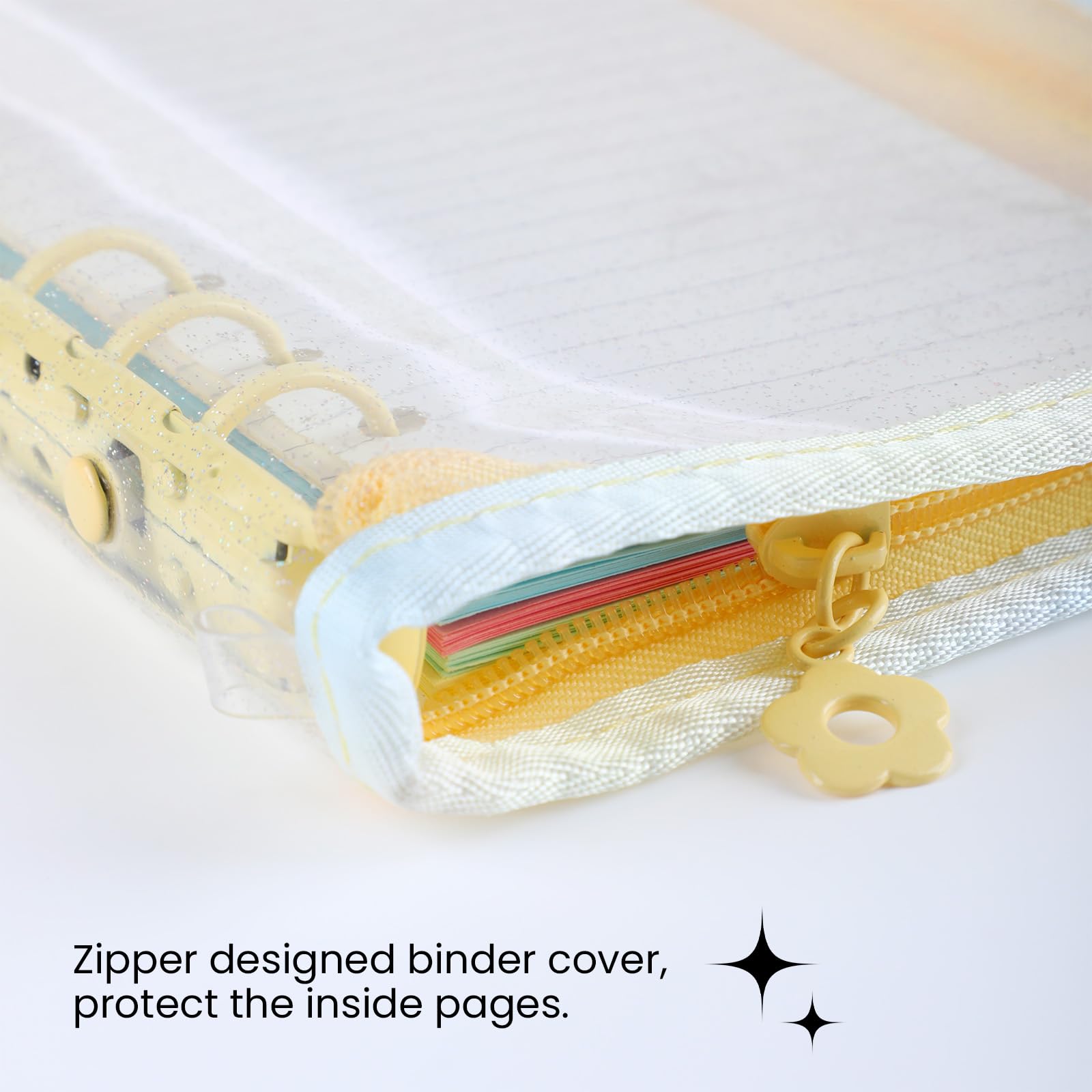 NEWEST A5 6 Ring PVC Planner Budget Binder Cover with Zipper, Blue Gradient Loose Leaf Zip Up Binder Cover, Flashing Clear Notebook Cover Protector for Journal Planner Photo Album Diary Folder