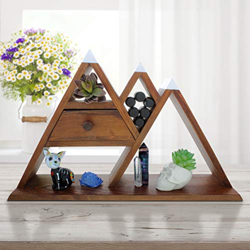 Rustic Curiosities Large Mountain Shelf - 20X12X4.5 Inch Crystal Shelf for Succulents, Plants, Essential Oils, Includes Pull Out Drawer, Extra Wide Base Crystal Holder (Brown)