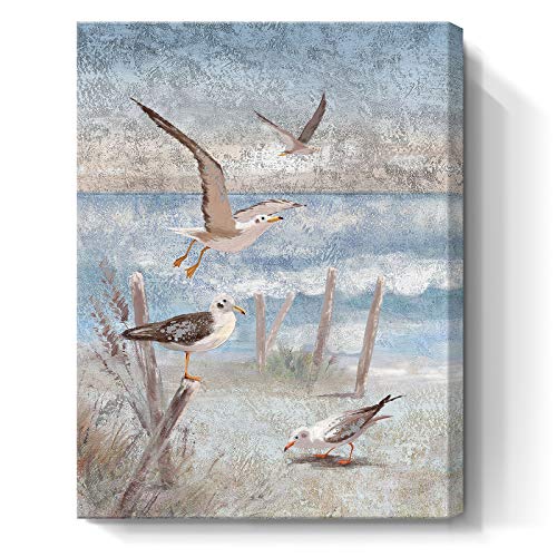 Beach Wall Art Bathroom Decor Ocean Theme Canvas Print Coastal Painting Perching Bird by The Sea Shore Abstract Seascape Picture Framed Artwork for Bedroom Living Room Office Ready to Hang 12x16inch