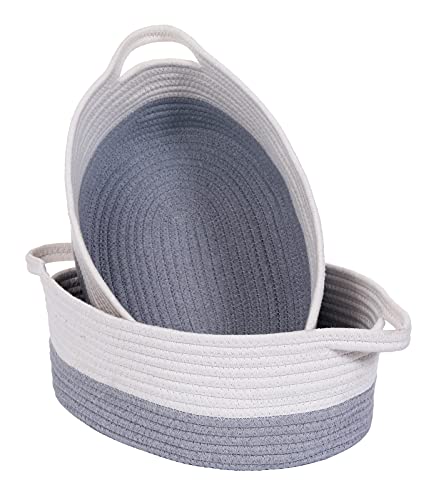 ZFRXZ 2-Pack Small Woven Basket | Cute Gray Rope Basket | Oval Basket | Shelf Storage Basket | Chest Box| Empty Gift Baskets with Handles, 14"x 9.8" x 5" Cube Bins Organizer(White-Gray)
