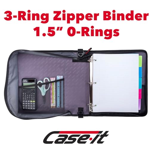 Case-it The Universal 2.0 Zipper Binder -1.5 Inch O-Ring - Removable Padded Pocket Holds Up to 13" Laptop/Tablet - Multiple Pockets - 325 Page Capacity - Comes with Shoulder Strap - Fire Red LT-207