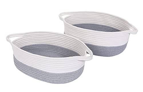 ZFRXZ 2-Pack Small Woven Basket | Cute Gray Rope Basket | Oval Basket | Shelf Storage Basket | Chest Box| Empty Gift Baskets with Handles, 14"x 9.8" x 5" Cube Bins Organizer(White-Gray)